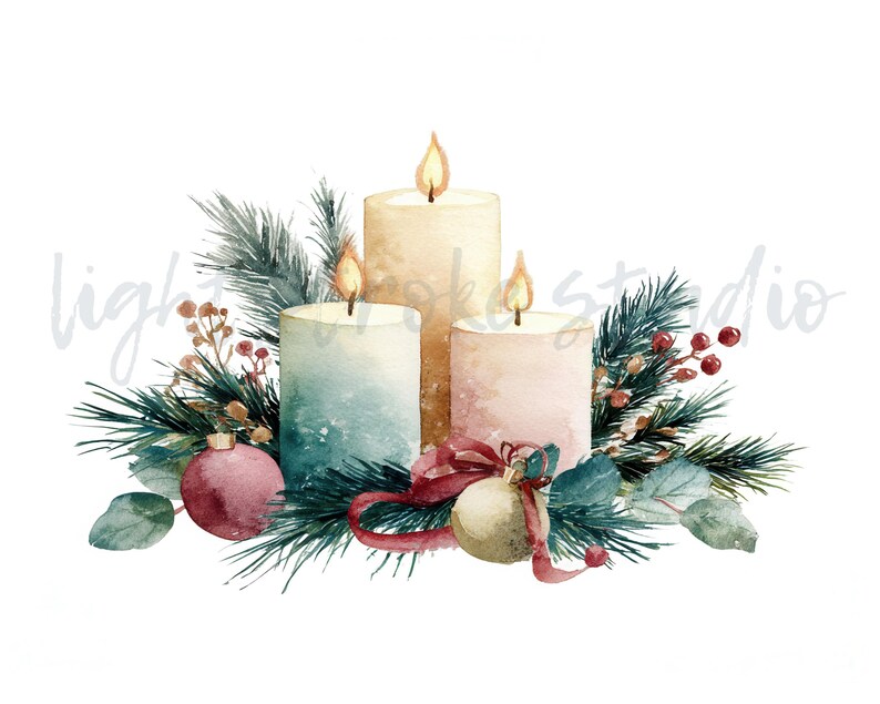 20 Watercolor Christmas Candles Clipart, Holiday Printable Art ...