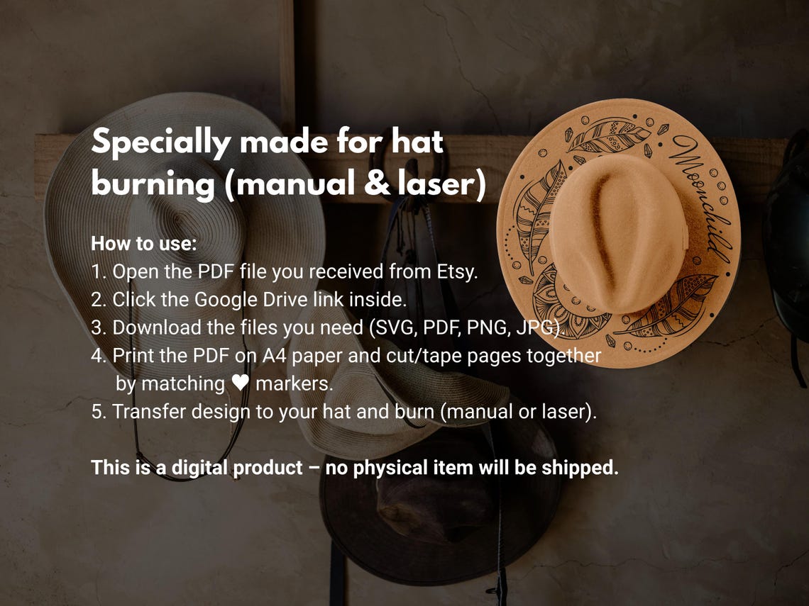 Hat Burning Stencil SVG PDF PNG Jpg|boho Feather Moon Hat Stencil for ...