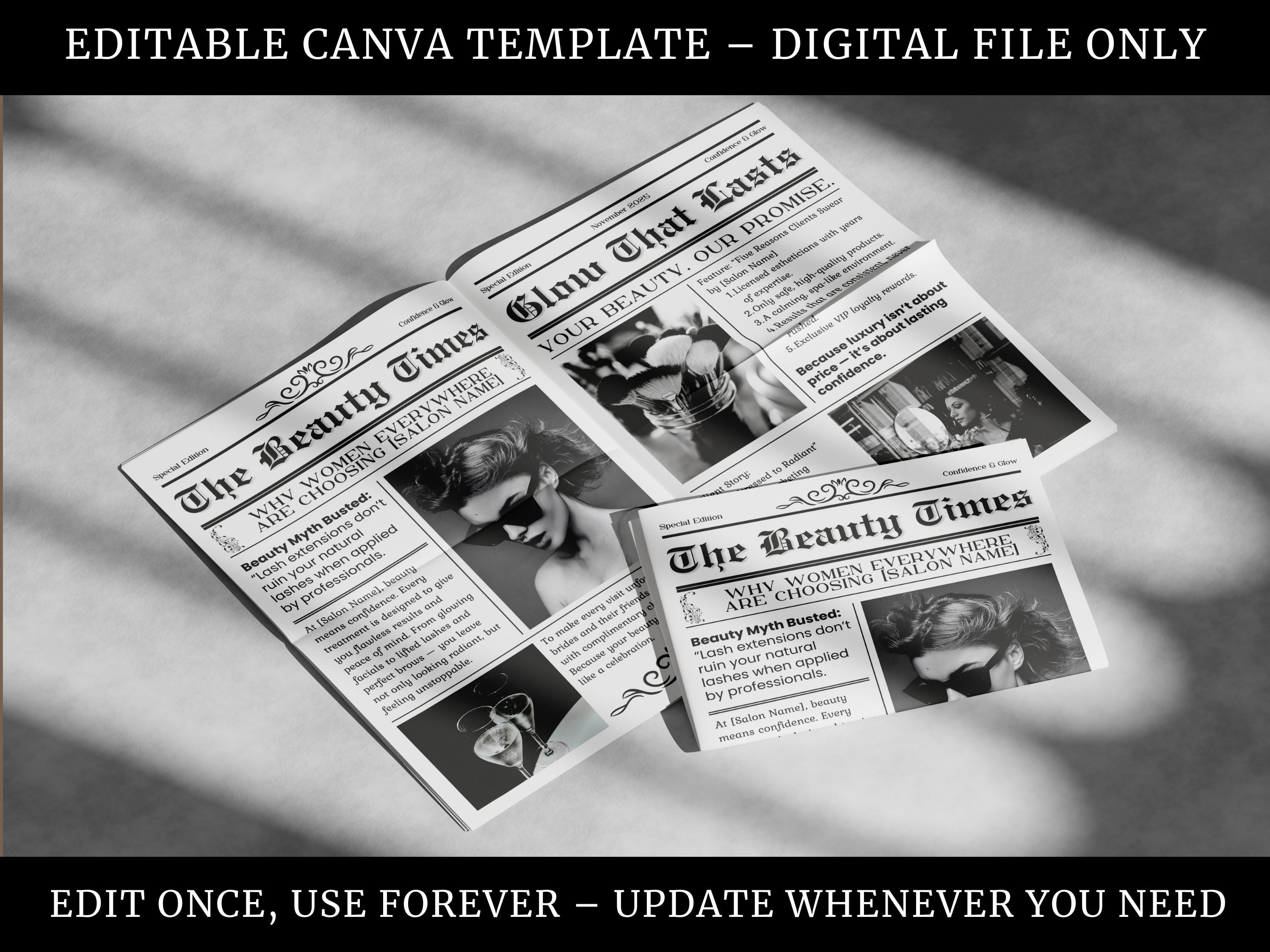 Editable Beauty Salon Newspaper Template | Spa Magazine Canva Poster ...