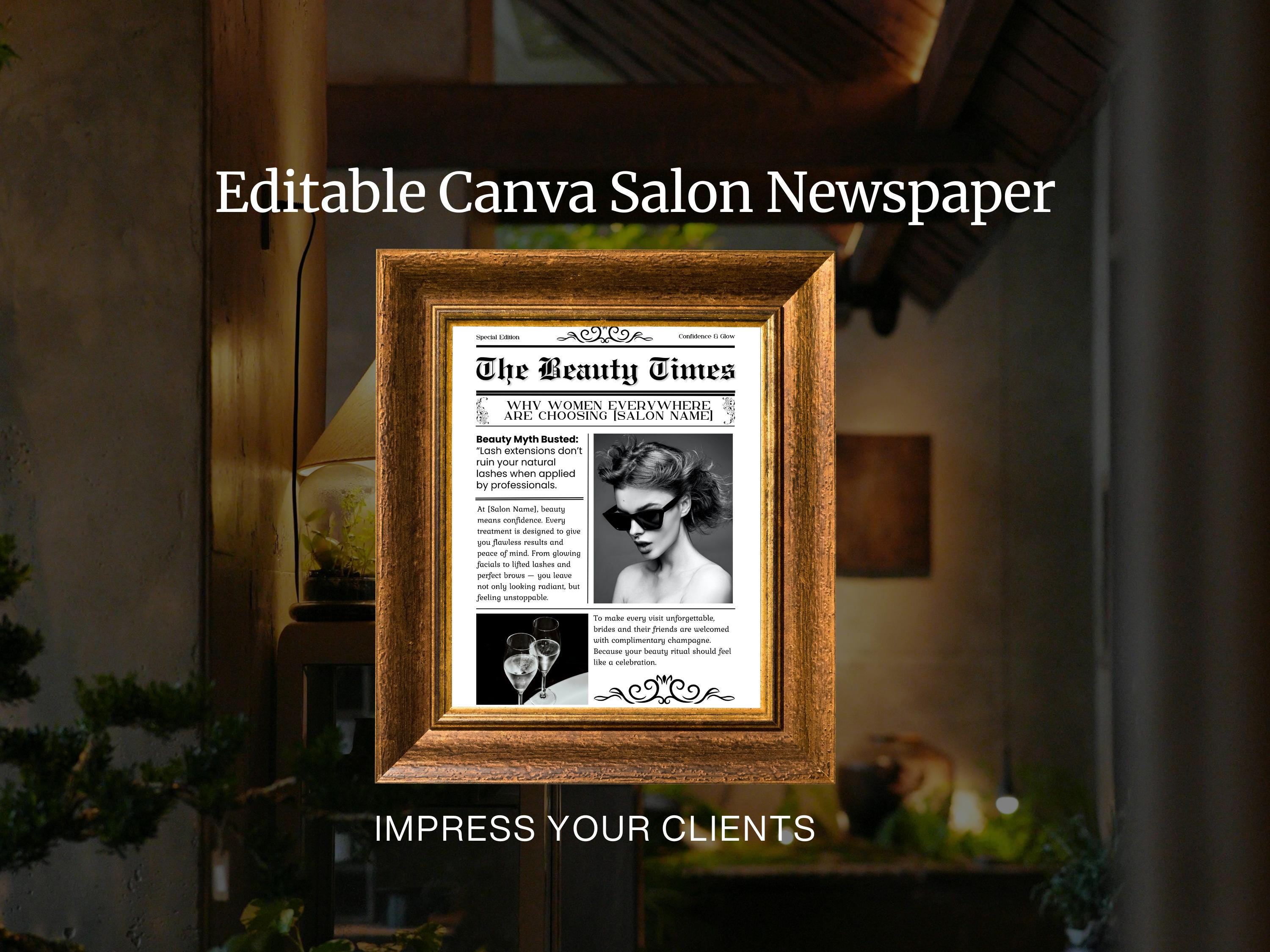 Editable Beauty Salon Newspaper Template | Spa Magazine Canva Poster ...