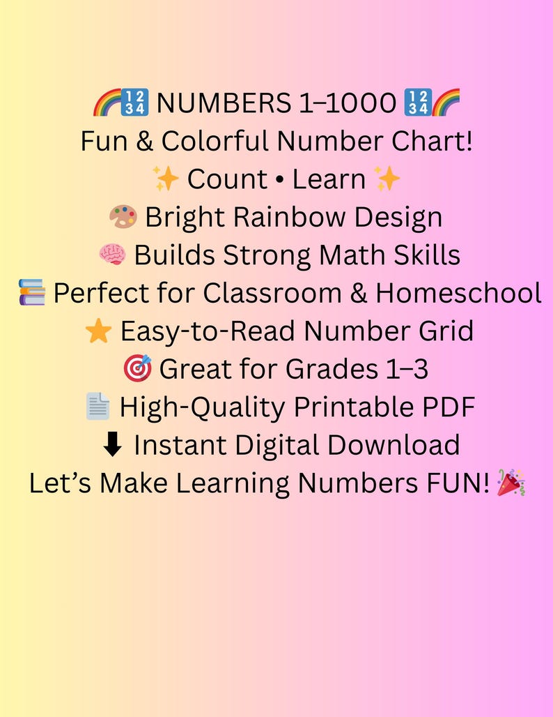 Numbers 1-1000 Chart Printable – Math Wall Decor, Homeschool Aid (PDF ...