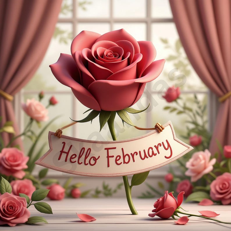 Hello February Heart and Rose Clipart | Valentine's Day Clipart Decor ...