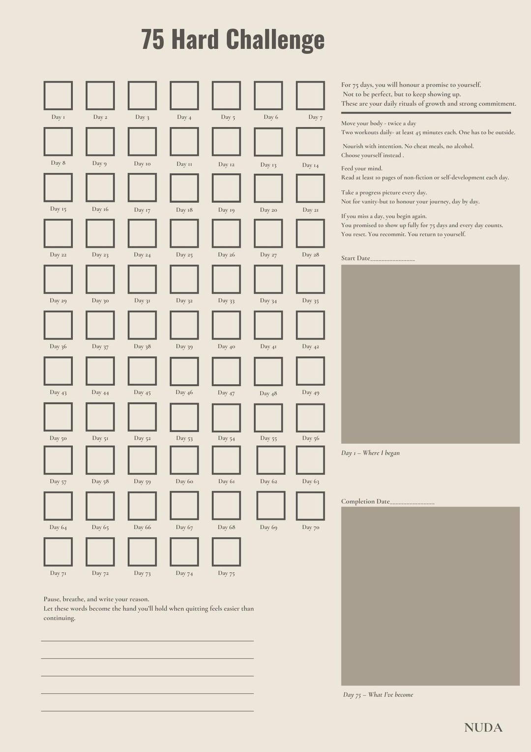 75 Hard Challenge Tracker: A3 Printable Fitness Progress Poster (PDF ...