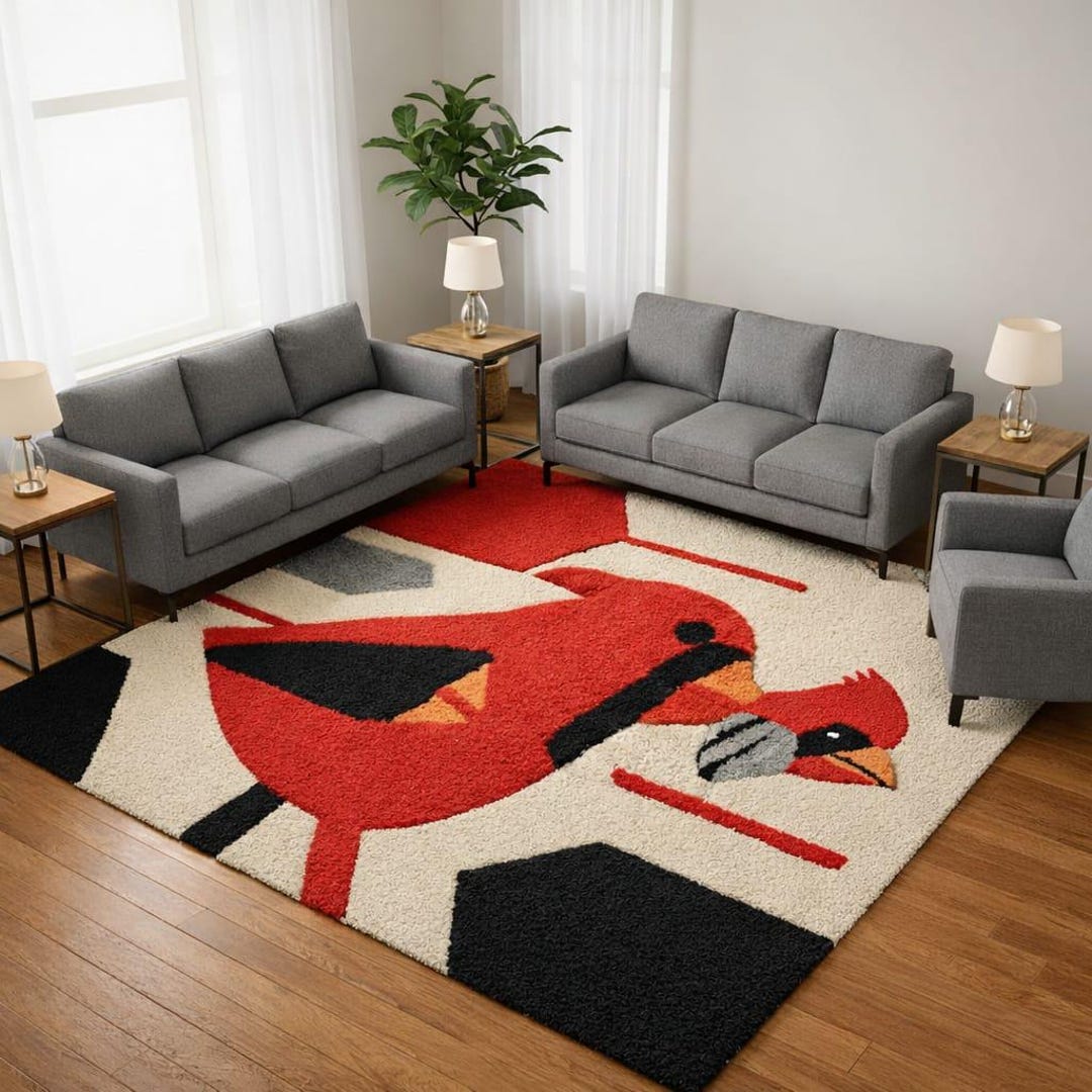 Hand Tufted Rug Red Cardinal Bird Area Rug Modern Graphic Wool Carpet ...