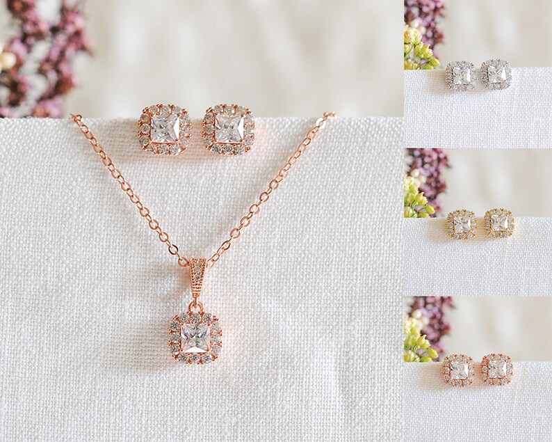 Rose Gold Bridal Jewelry Set Wedding Necklace Earrings Set | Etsy