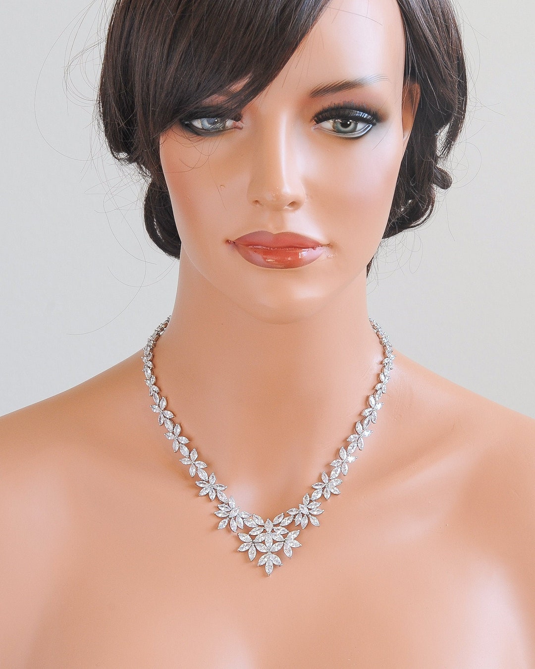 Crystal Bridal Necklace Rose Gold Wedding Necklace Leaf Bridal