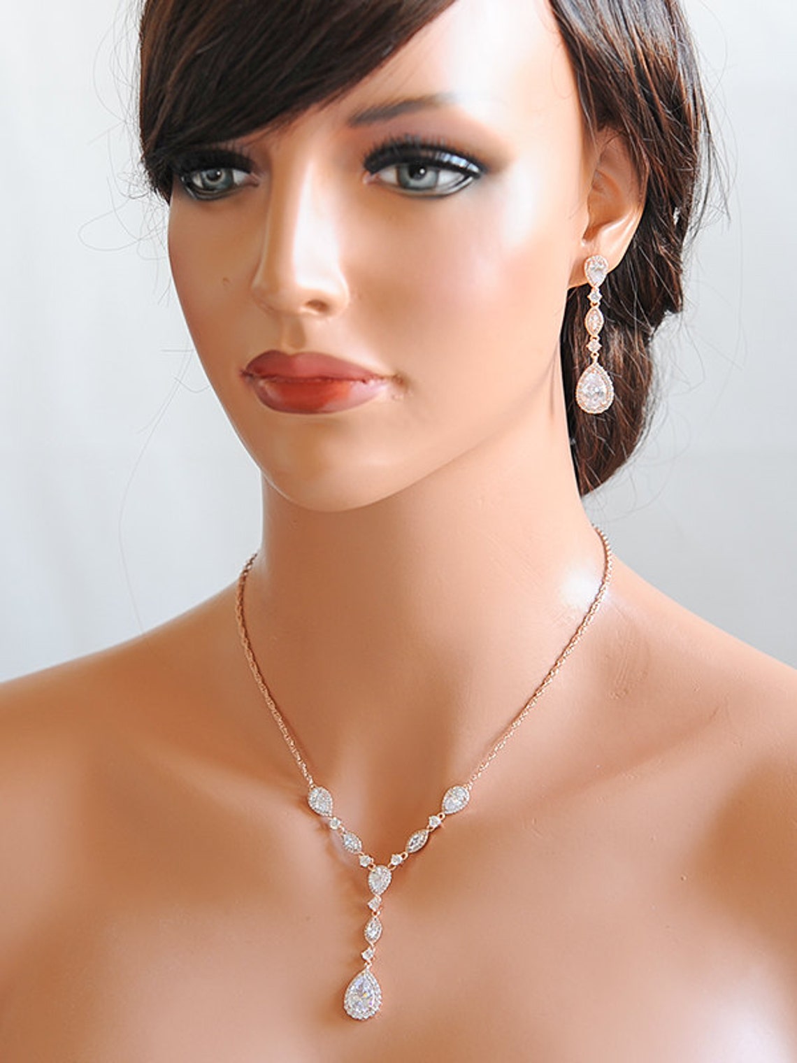 Rose Gold Bridal Necklace Set Wedding Necklace Crystal - Etsy