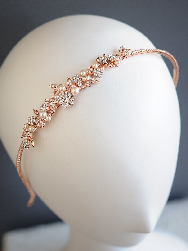 Rose Gold Wedding Headband Vintage Style Crystal Flower Leaf Etsy