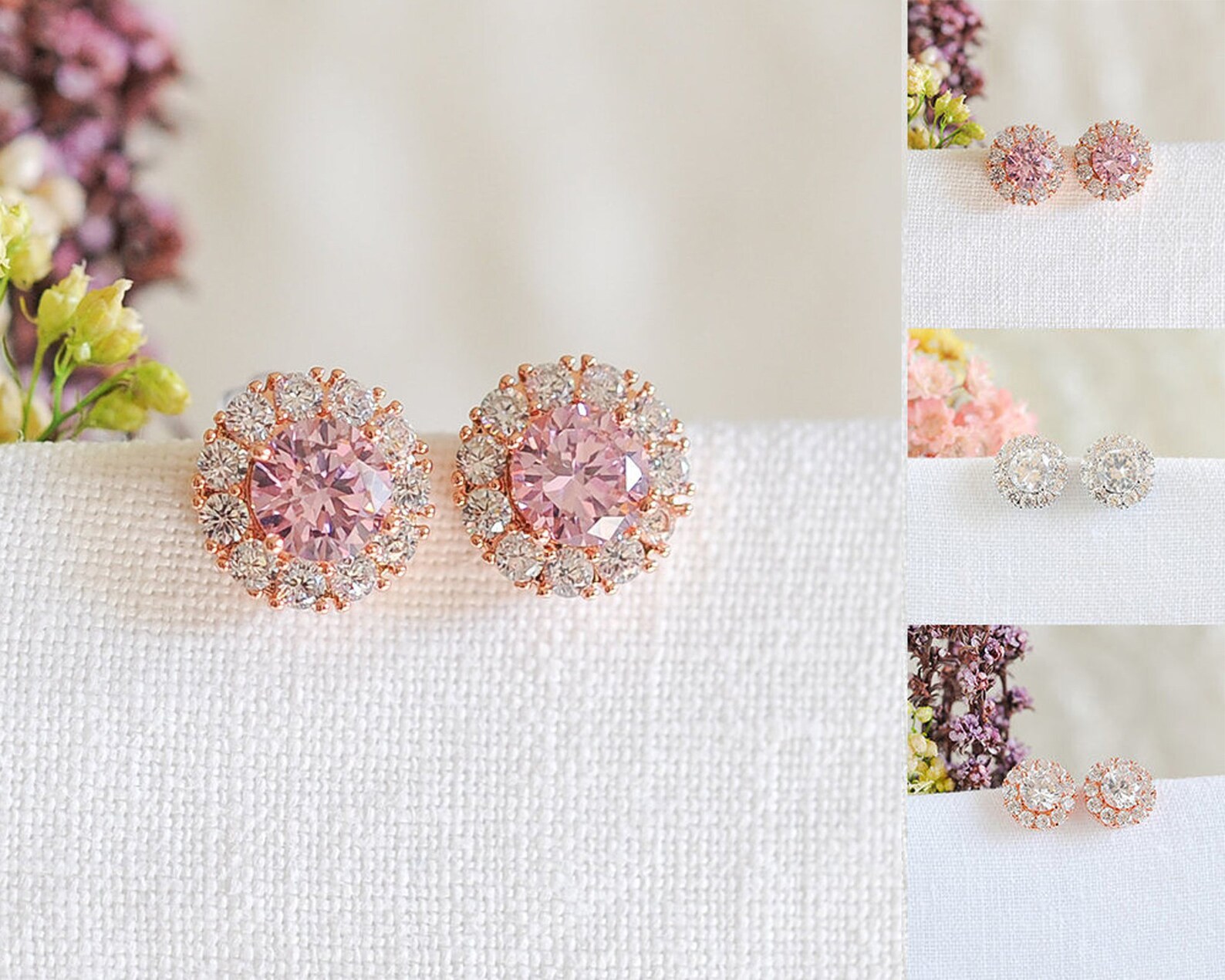 Pink Wedding Stud Earrings Bridal Earrings Crystal Round - Etsy