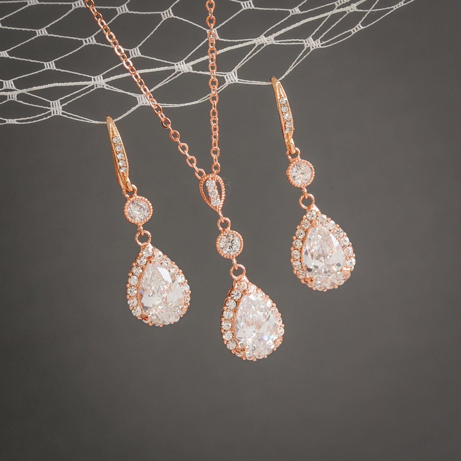 Rose Gold Jewelry SET Bridal Jewelry Set Teardrop Dangle - Etsy