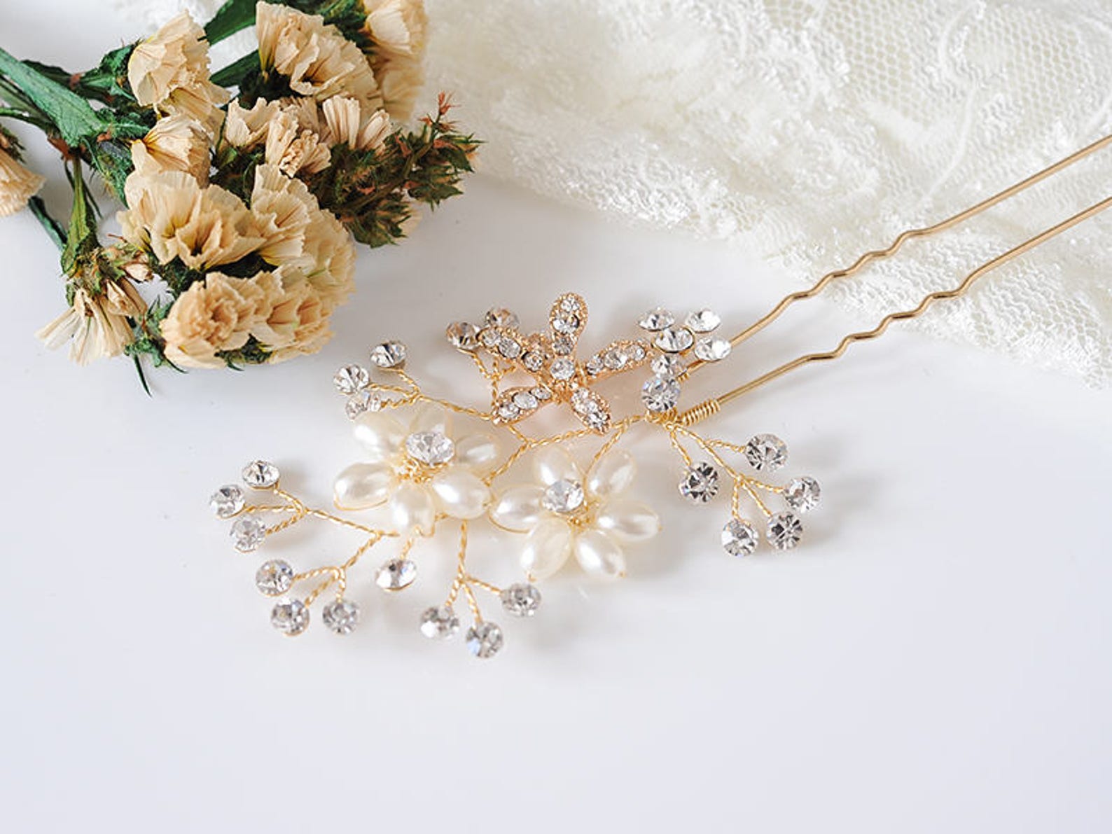Wedding Hairpin GOLD Bridal Hair Accessories Crystal Flower - Etsy