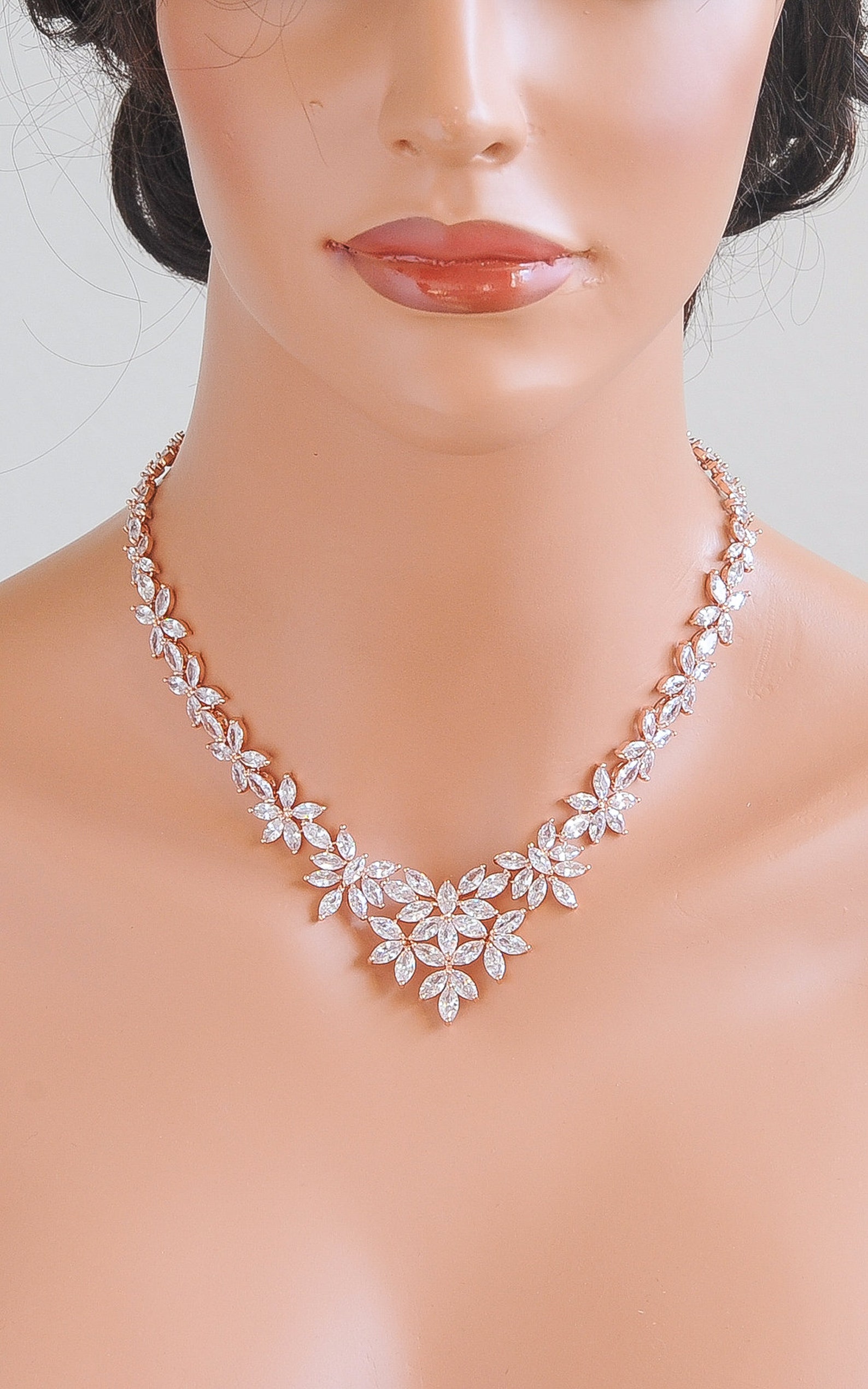 Crystal Bridal Necklace Rose Gold Wedding Necklace Leaf Etsy