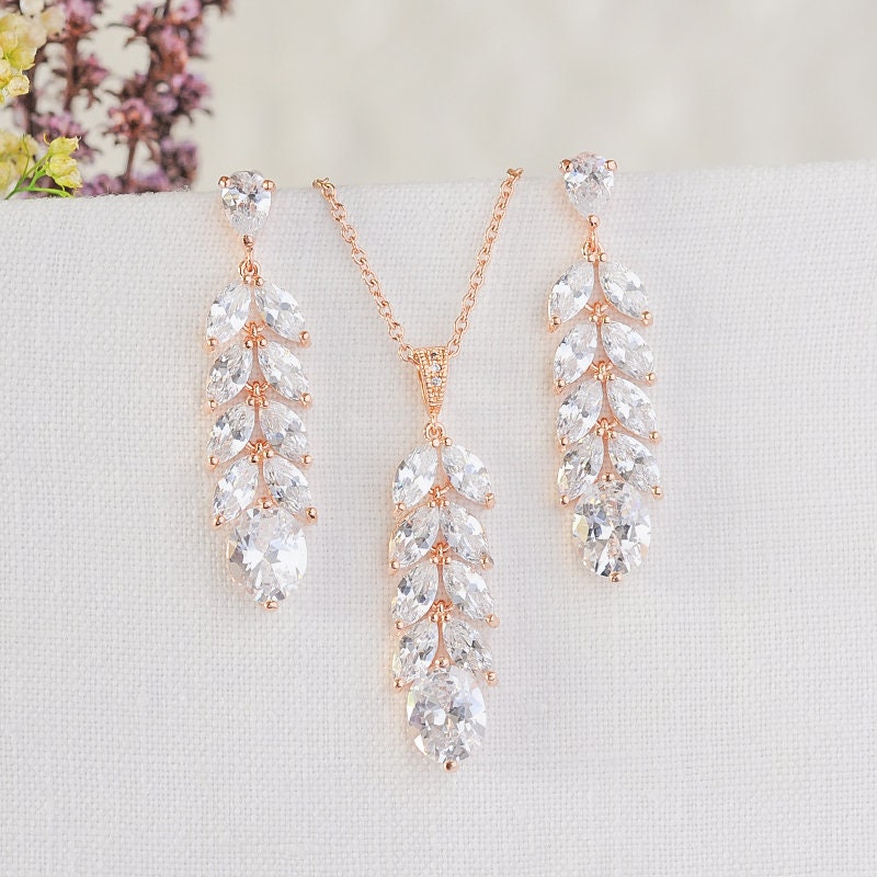 Rose Gold Bridal Necklace Earrings SET Wedding Jewelry Set | Etsy