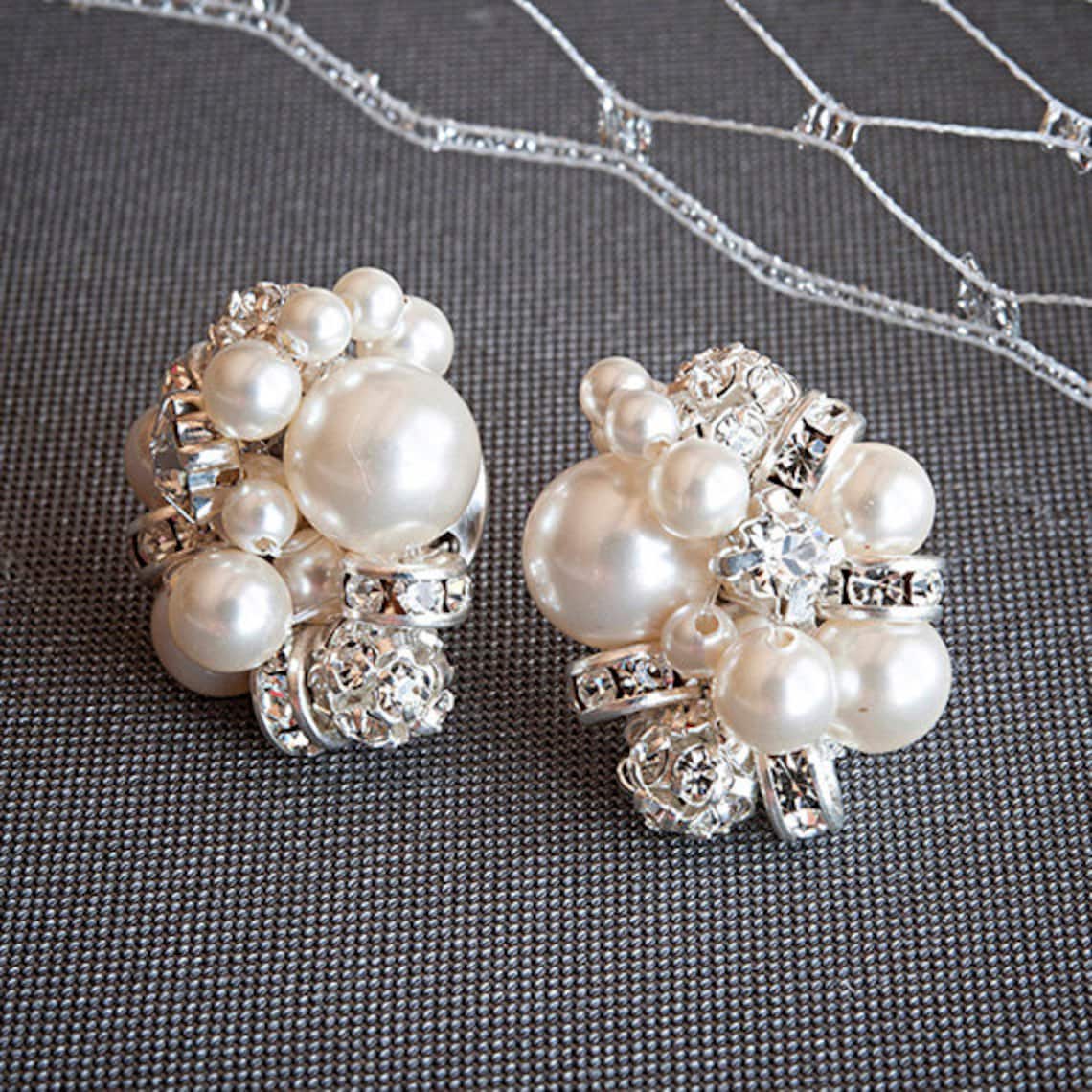 Pearl Cluster Bridal Earrings Rhinestone and Pearl Stud - Etsy