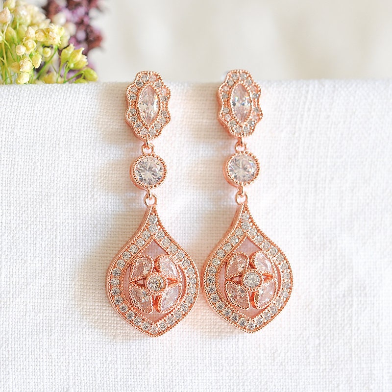 Rose Gold Wedding Earrings Bridal Earrings Crystal | Etsy