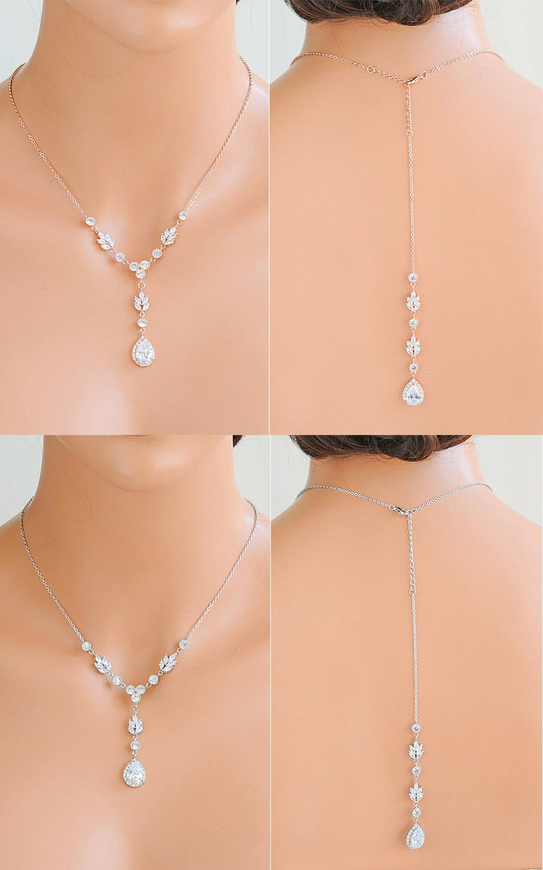 Rose Gold Back Drop Bridal Necklace, Backdrop Necklace, Crystal Leaf ...