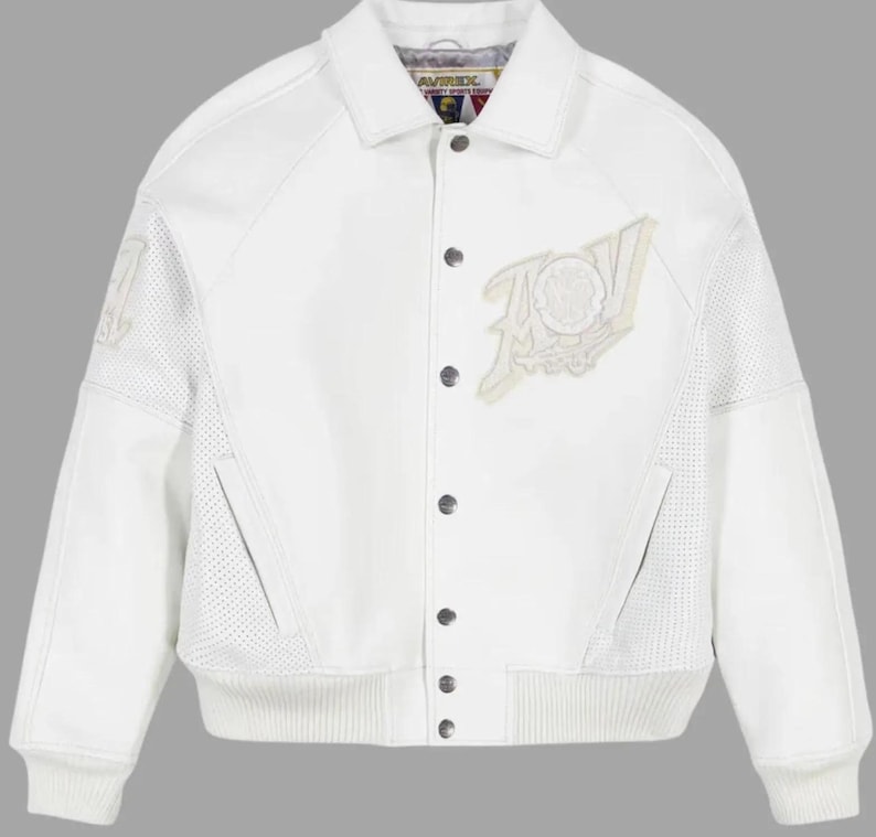 Avirex White Leather Bomber Jacket Gold Club Embroidered Logo Genuine ...