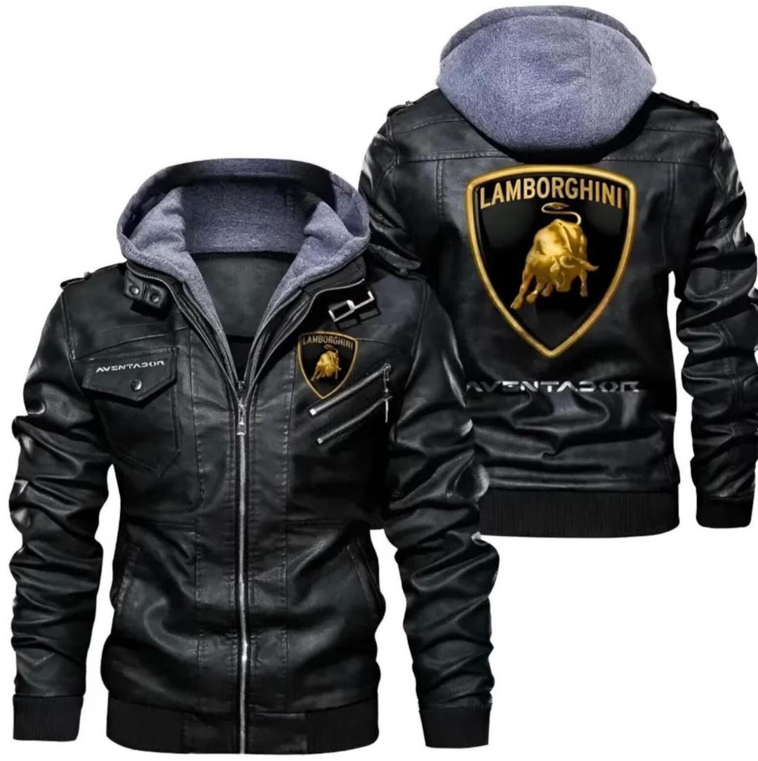 Men's Lamborghini Hoodie Leather Jacket Black Genuine Cowhide Biker ...
