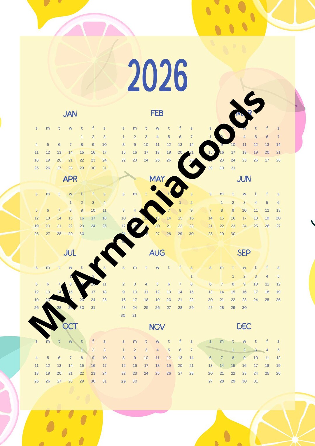 2026 Citrus One-page A5 Calendar – Lemon Wall & Desk Calendar - Etsy