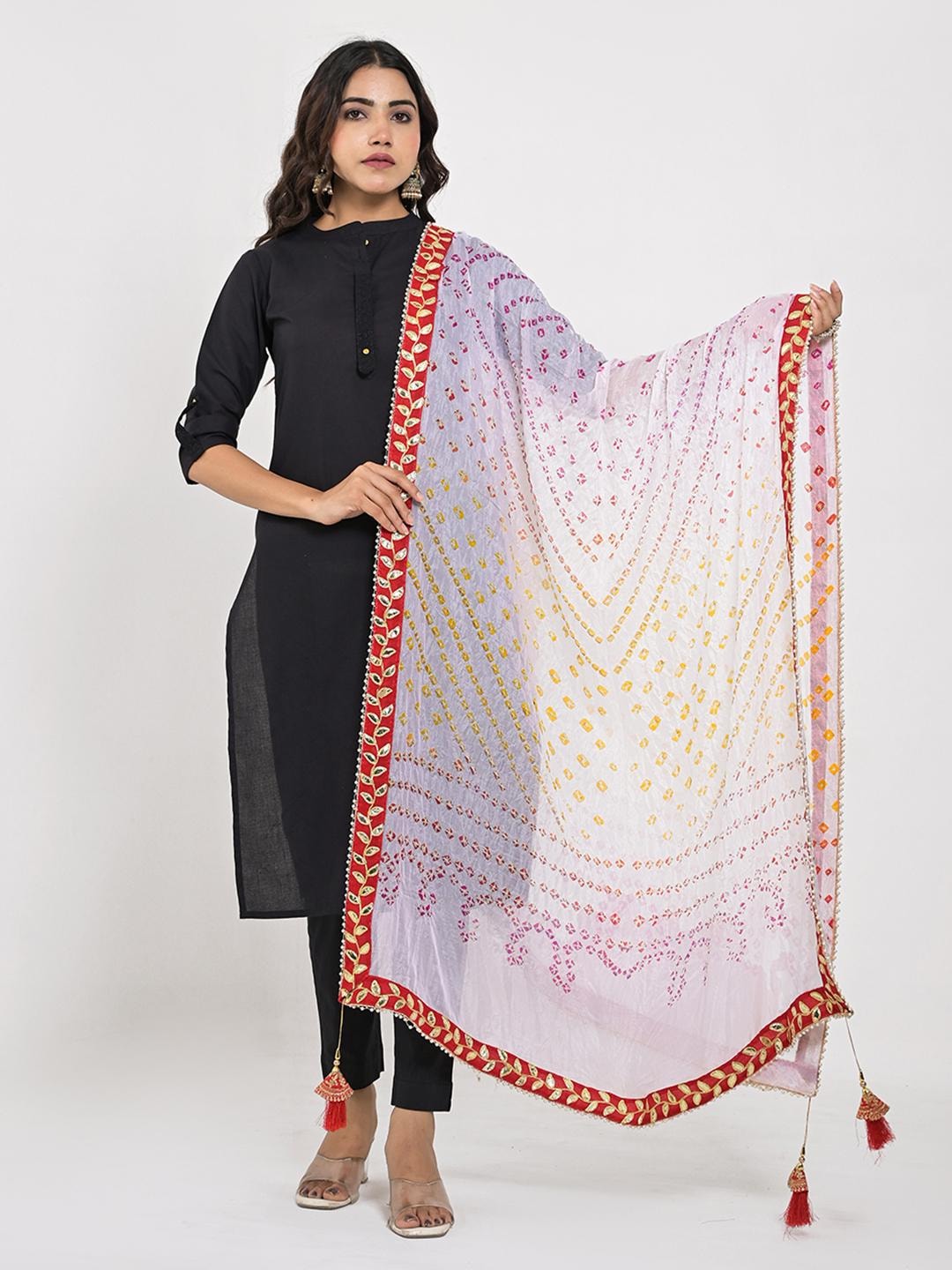 Multi-color Bandhani Dupatta With Gota Patti Border and Tassels ...