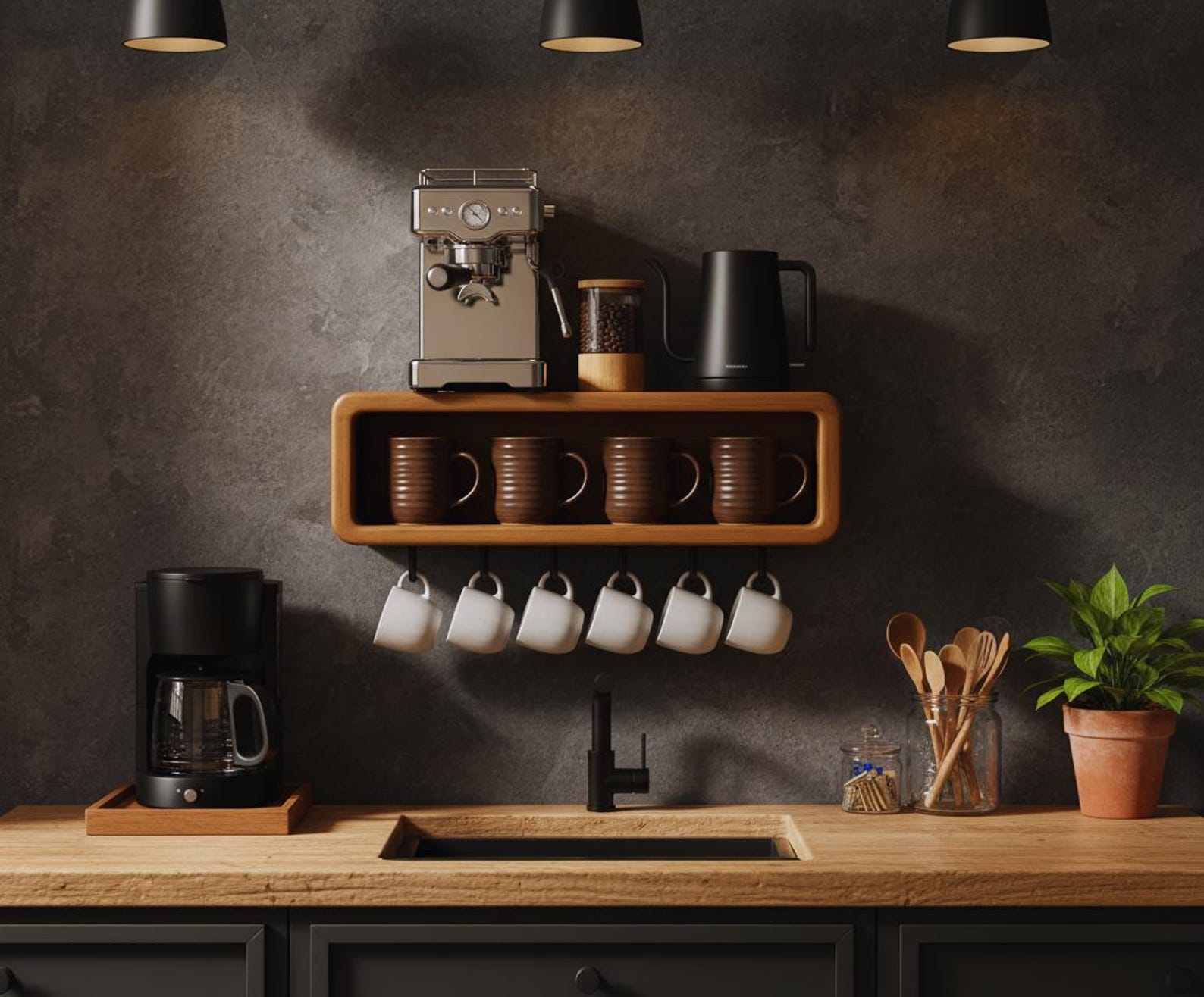 Pine Coffee Bar Shelf With Cup Hooks-wooden Coffee Bar Shelf-coffee Mug ...