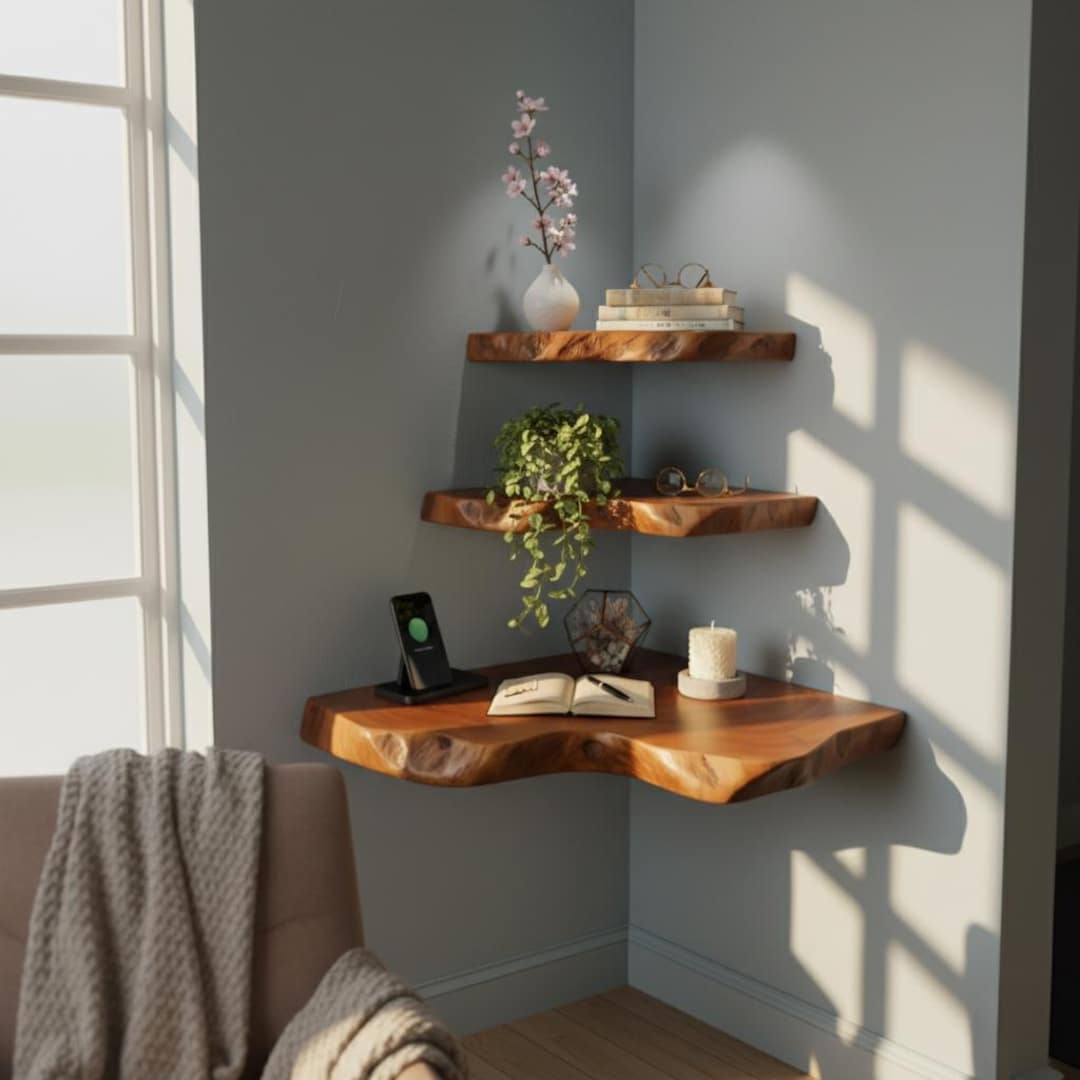 Wooden Live Edge Corner Shelves -handmade Live Edge Corner Shelf ...