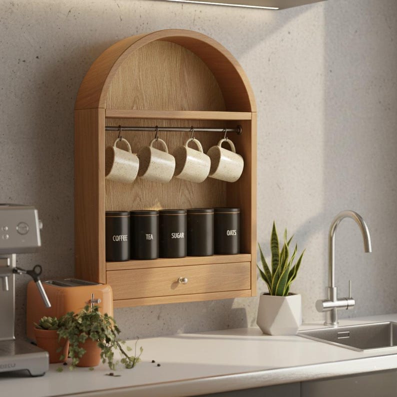 Wooden Coffee Bar Shelf-handmade Wood Shelf-kitchen Cup Holder-coffee ...