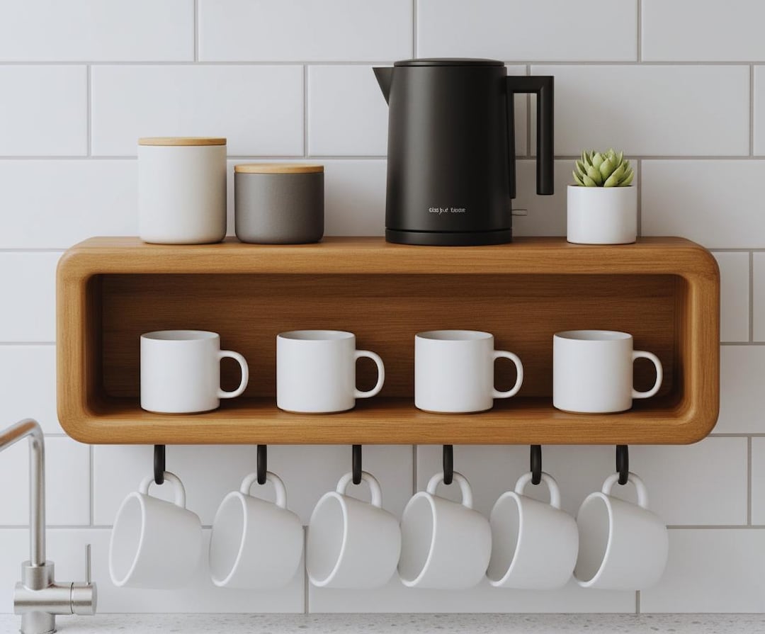 Pine Coffee Bar Shelf With Cup Hooks-wooden Coffee Bar Shelf-coffee Mug ...