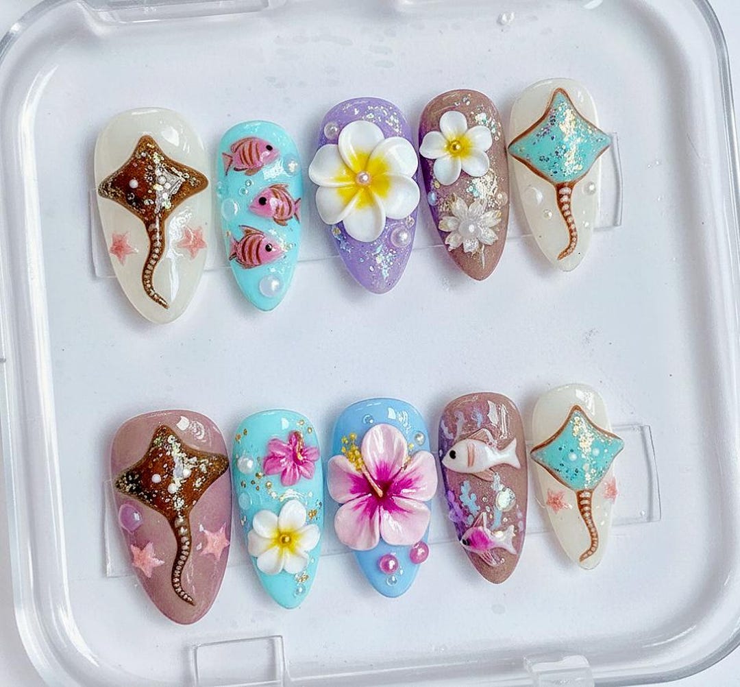 Ocean Fairy 3D Press on Nails | Tropical Sea Nails | Cute Fish Stingray ...