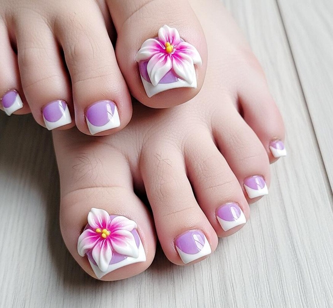 Purple Floral 3D Toenails – French Tip Pedicure Press On, Cute Pastel ...