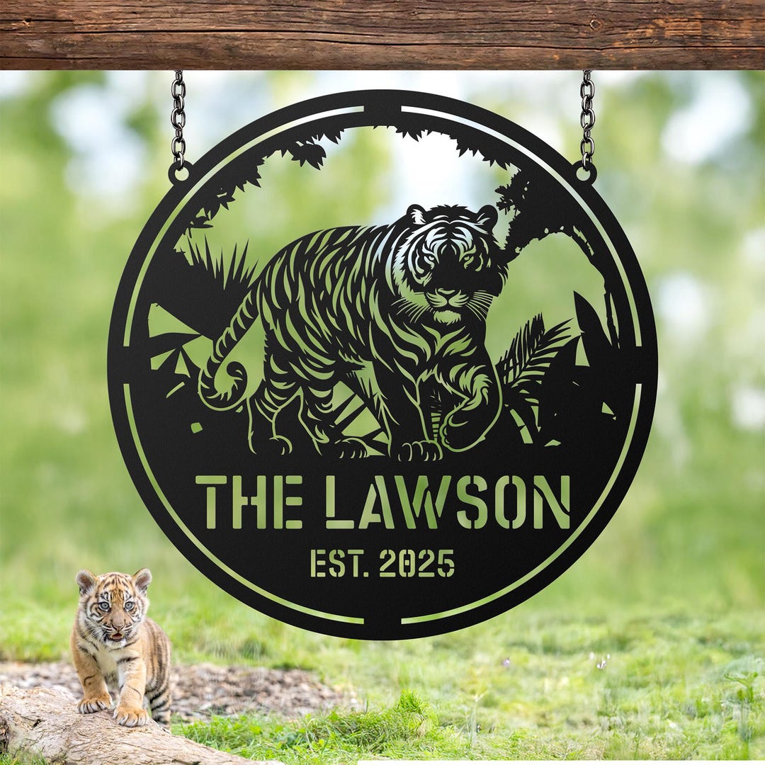 Personalized Tiger Metal Sign, Custom Family Name Sign, Outdoor Jungle ...