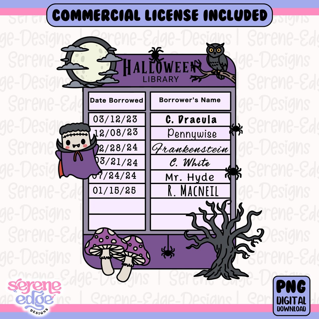 Halloween Library Card PNG: Ghost, Moon, Bats, Books (digital Download ...