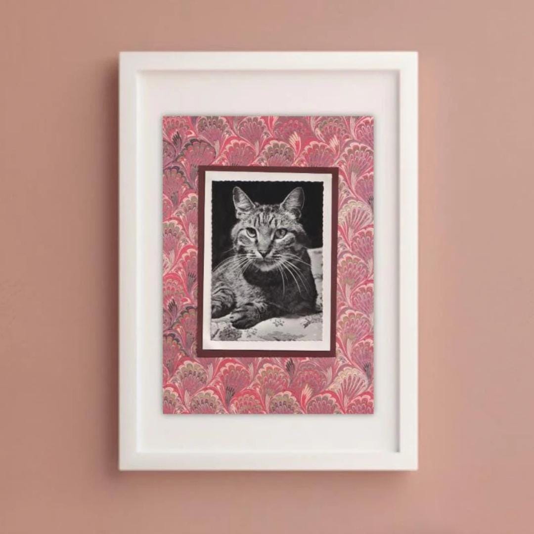 Vintage Cat Postcard Tabby Collage Print – Red + Pink Marbled Paper ...