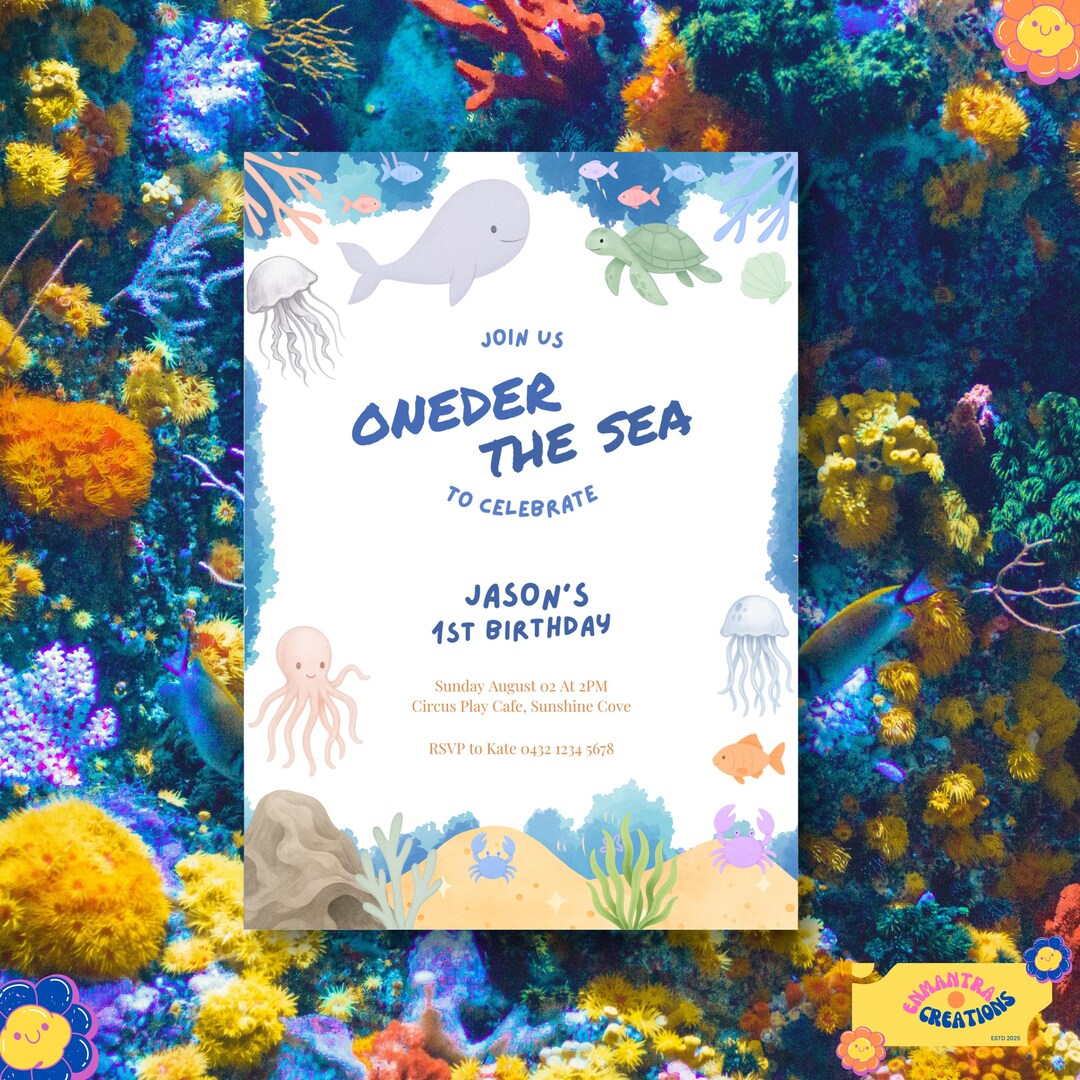 Oneder the Sea Birthday Invitation, Ocean Theme, Editable Canva ...
