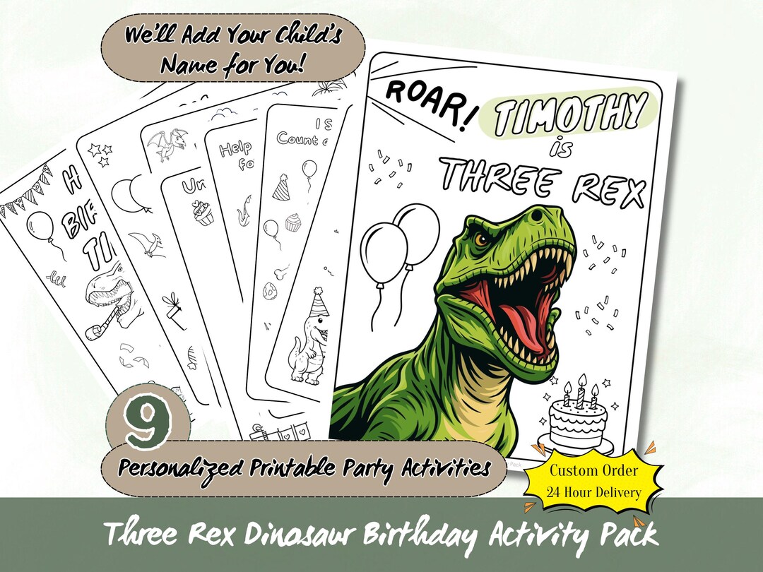 Three Rex Coloring Page, Personalized Dinosaur Birthday Activity Pack ...