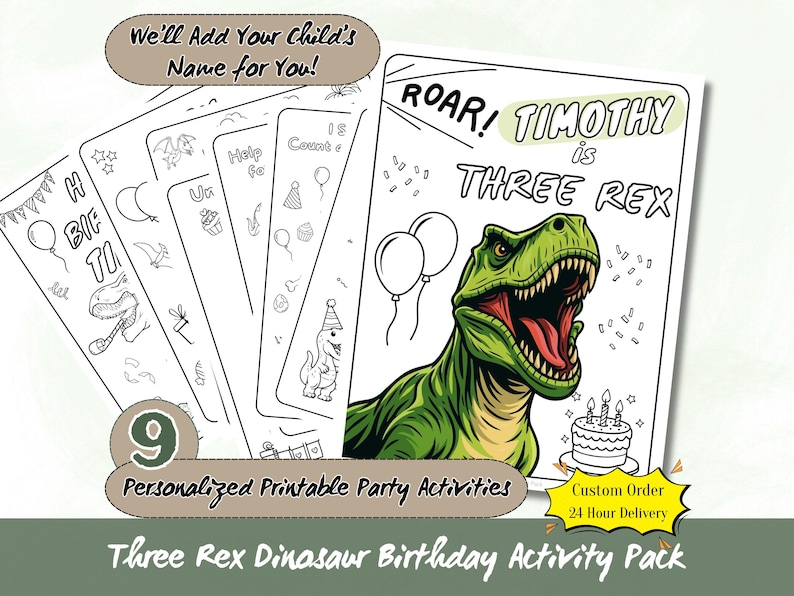 Three Rex Coloring Page, Personalized Dinosaur Birthday Activity Pack ...
