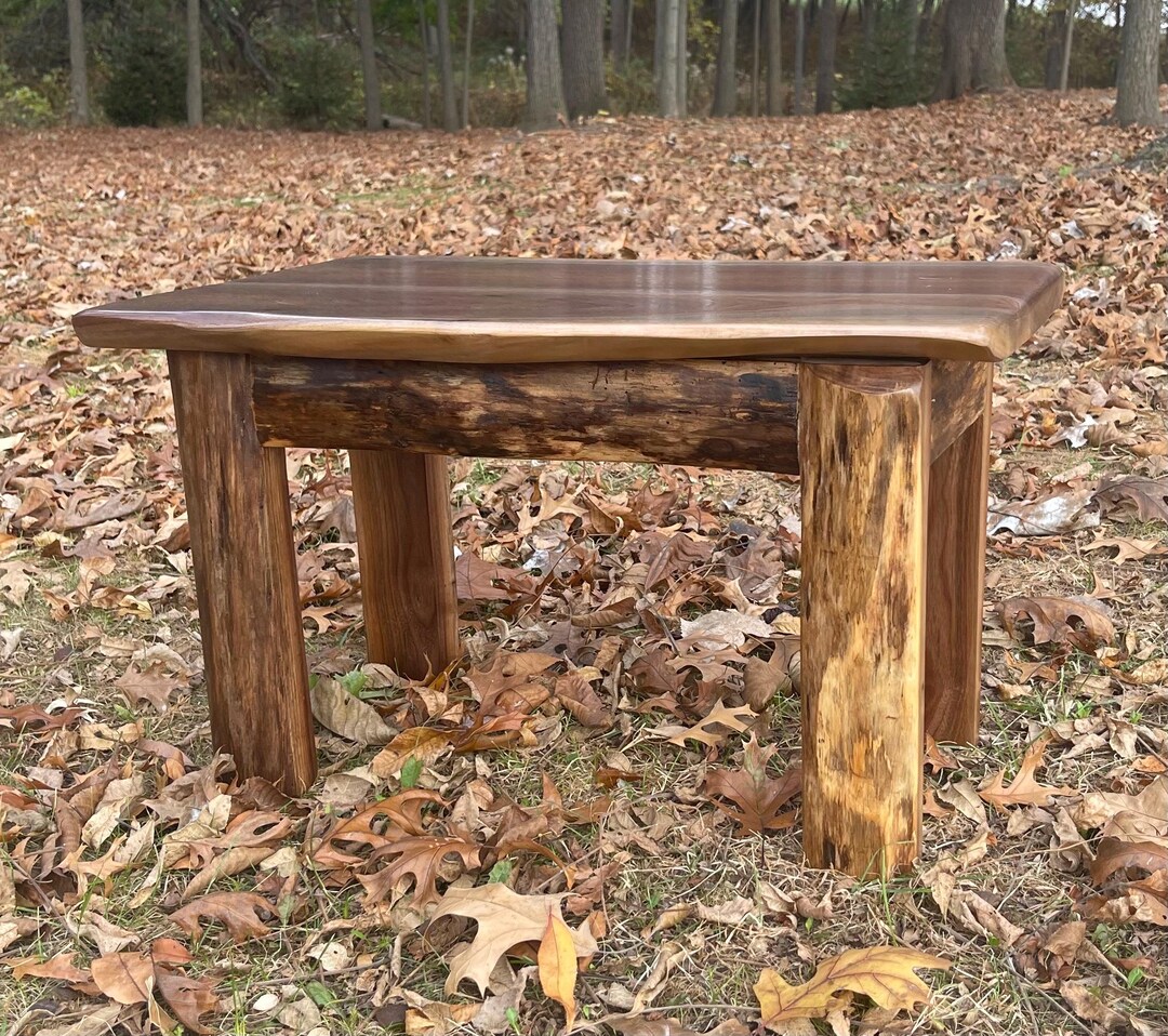 Rustic Solid Black Walnut Bench Log Leg Live Edge 24" X 14" X 14" High ...