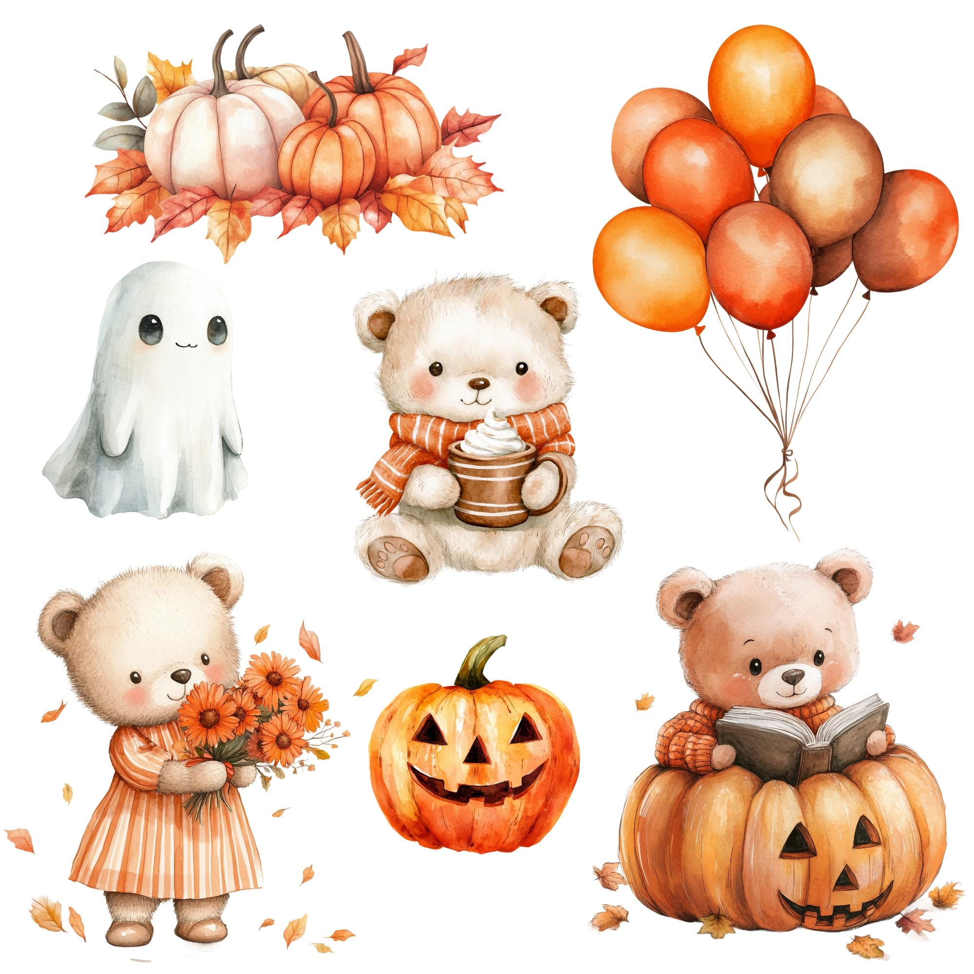 Watercolor Fall Teddy Bear Clipart Png Bundle, Floral Autumn Cute Teddy ...