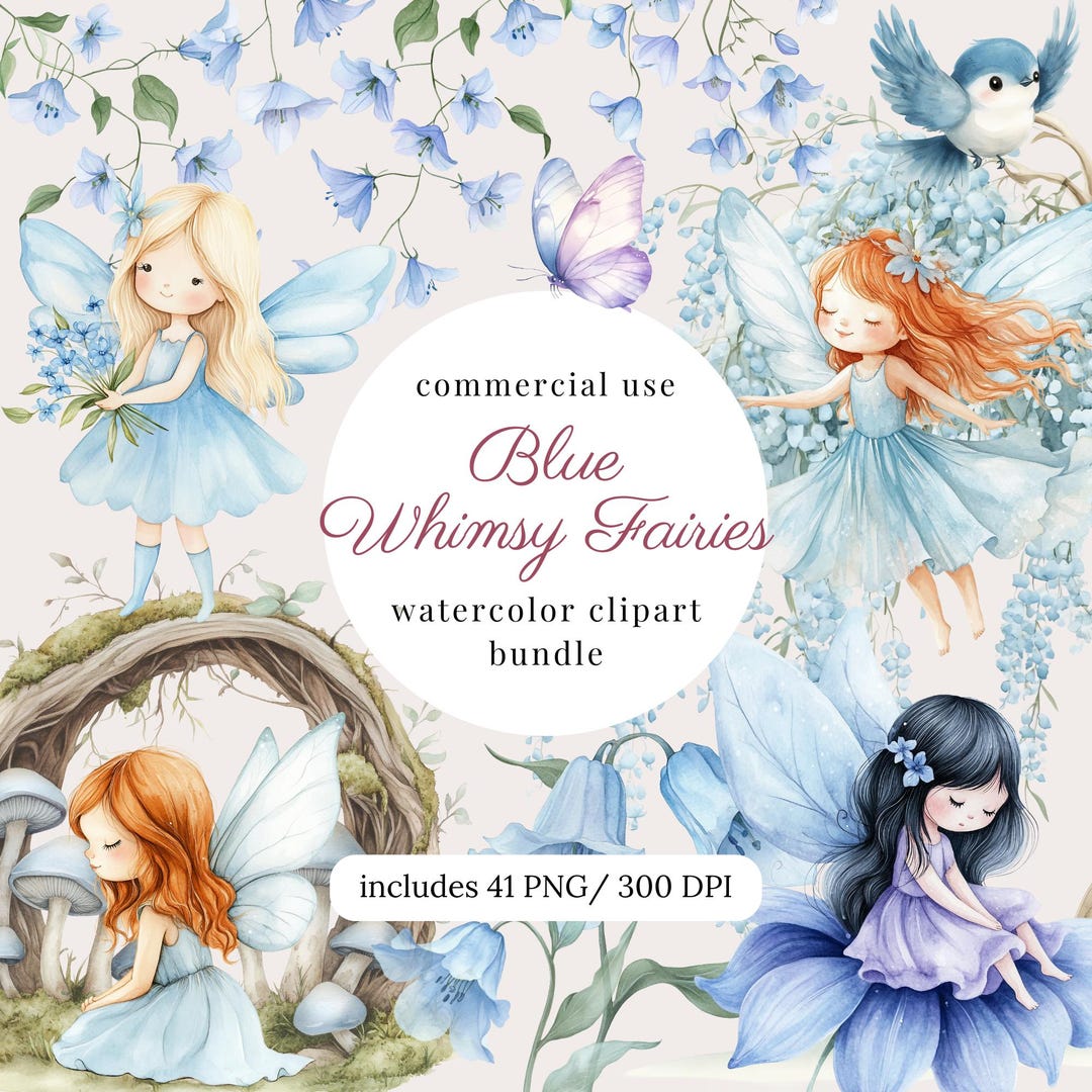 Watercolor Blue Fairy Clipart Png Bundle, Woodland Fairy Mushroom ...