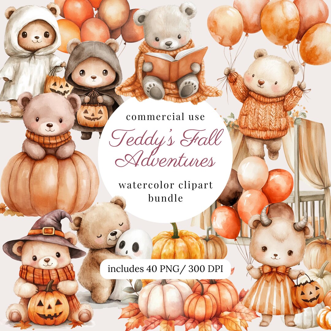 Watercolor Fall Teddy Bear Clipart Png Bundle, Floral Autumn Cute Teddy ...