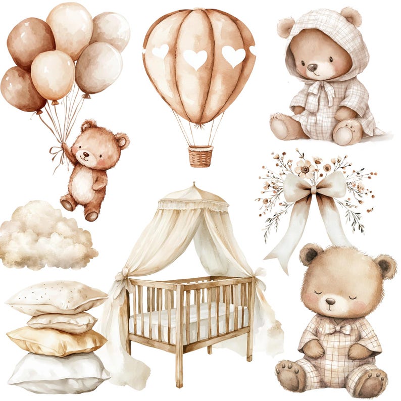 Watercolor Neutral Teddy Bear Clipart Png Bundle, Boho Nursery Clipart ...