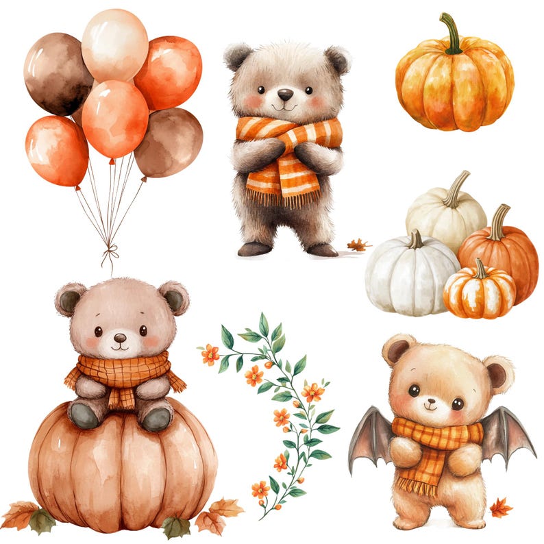 Watercolor Fall Teddy Bear Clipart Png Bundle, Floral Autumn Cute Teddy ...