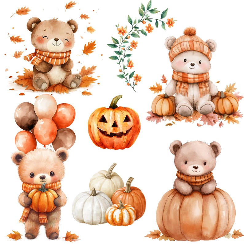 Watercolor Fall Teddy Bear Clipart Png Bundle, Floral Autumn Cute Teddy ...