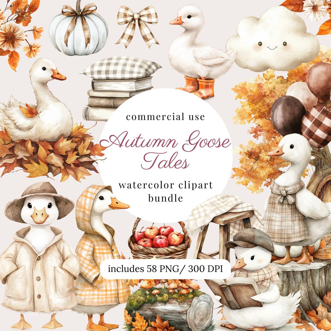 Watercolor Autumn Goose Clipart Png Bundle, Cozy Fall Silly Goose ...