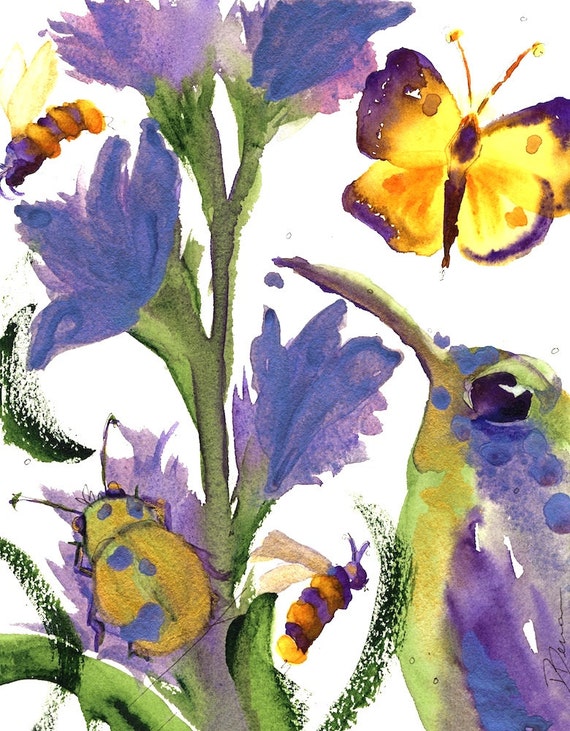 Items similar to Fine Art Print of Hummingbird and Butterfly, 8 x 10 ...