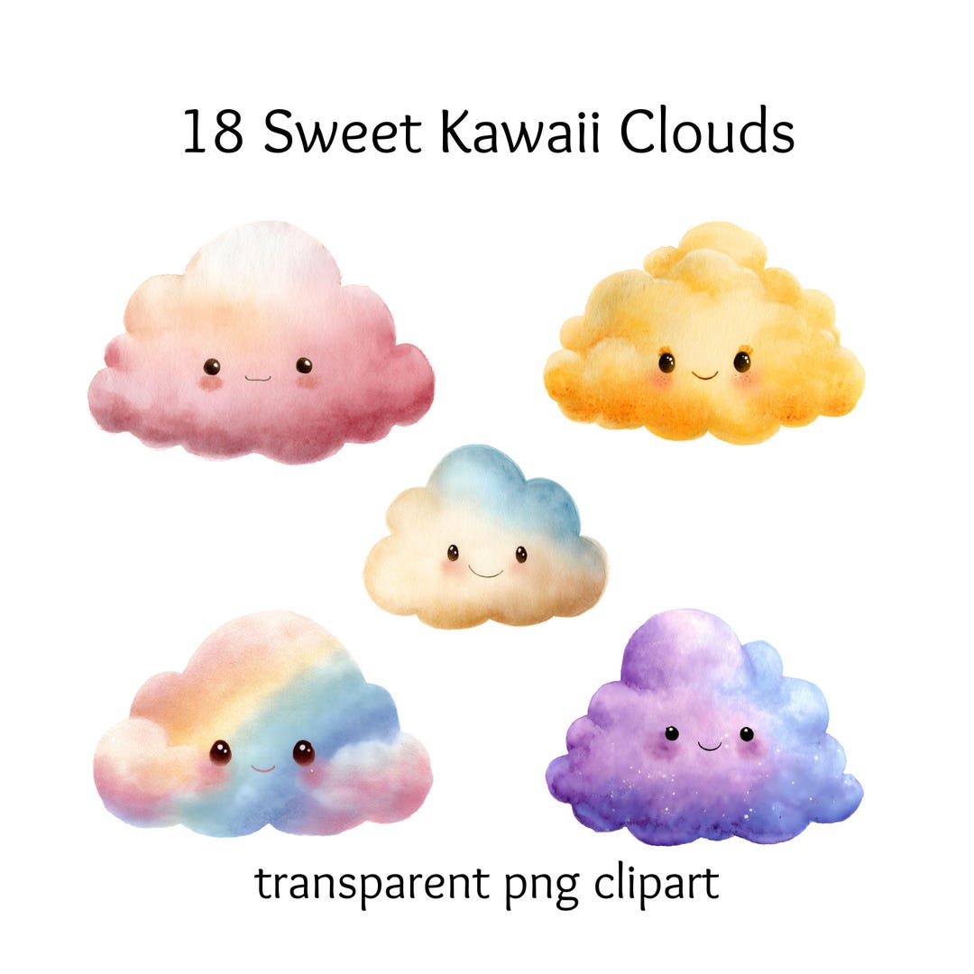 Kawaii Cloud Clipart PNG Set, 18 Cute Clouds, Nursery Design - Etsy