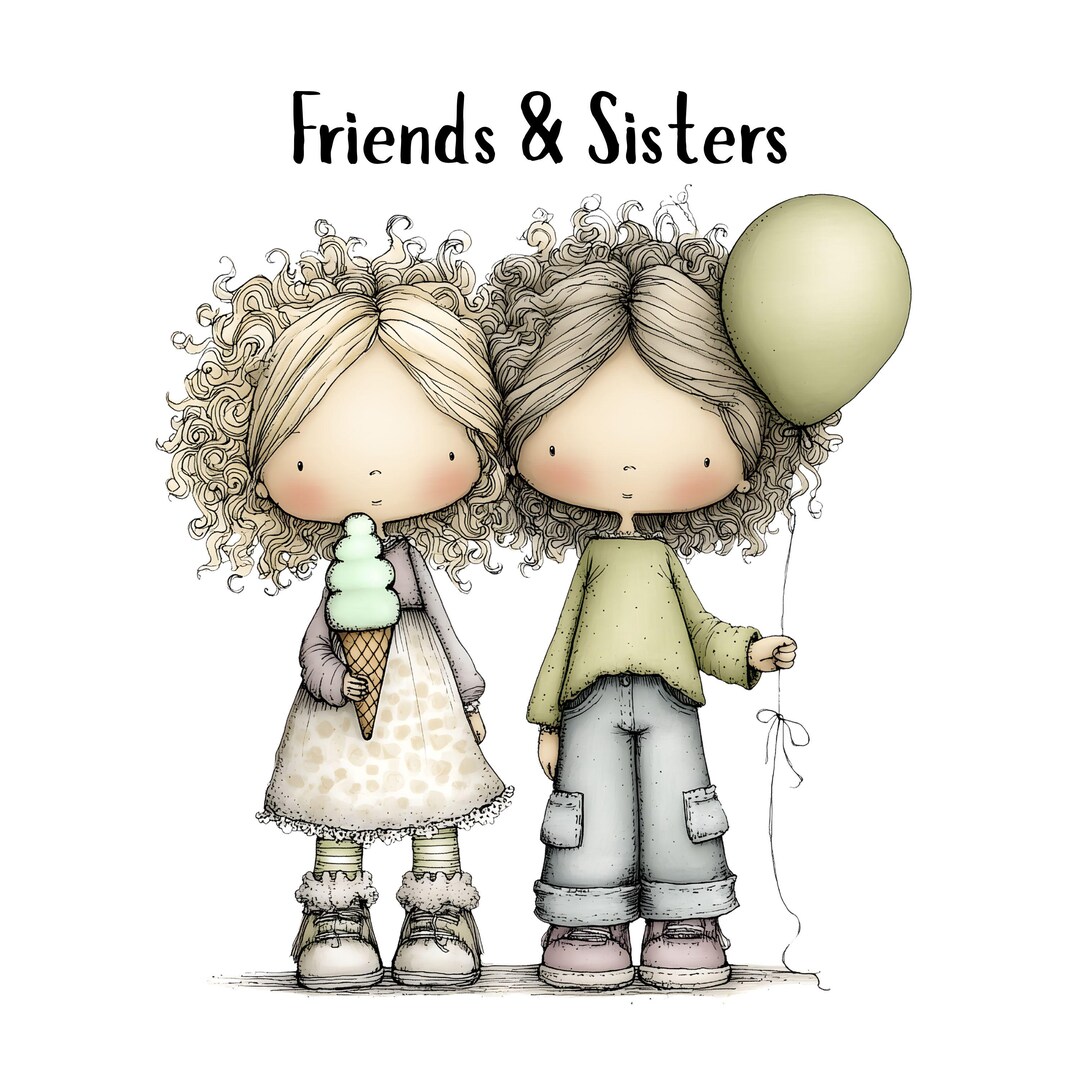 Whimsical Friends & Sisters Clipart, Birthday Card Image (digital ...