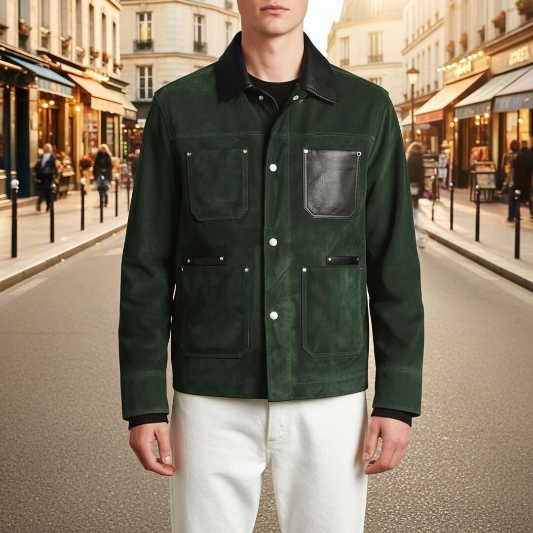 Men's Suede Chore Jacket | Leather Trimmed Coat | Dark Green Black - Etsy