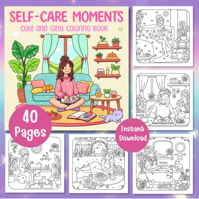 Self Care Coloring Book, 40 Cozy Girly Pages, Adult Teen Relaxation ...