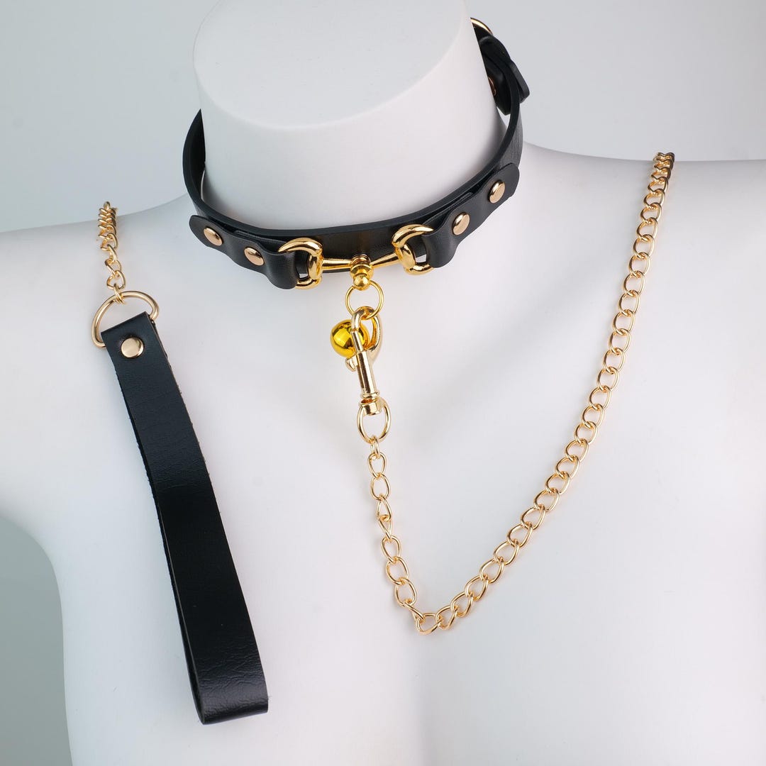Black Leather Choker With Gold Bell & Long Drag Chain, Adjustable ...
